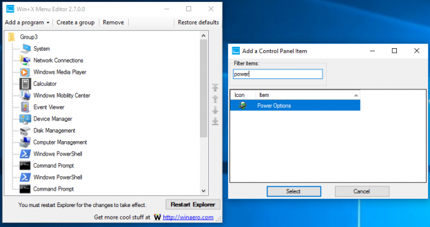 Restore Control Panel items in Win+X menu in Windows 10 Creators Update