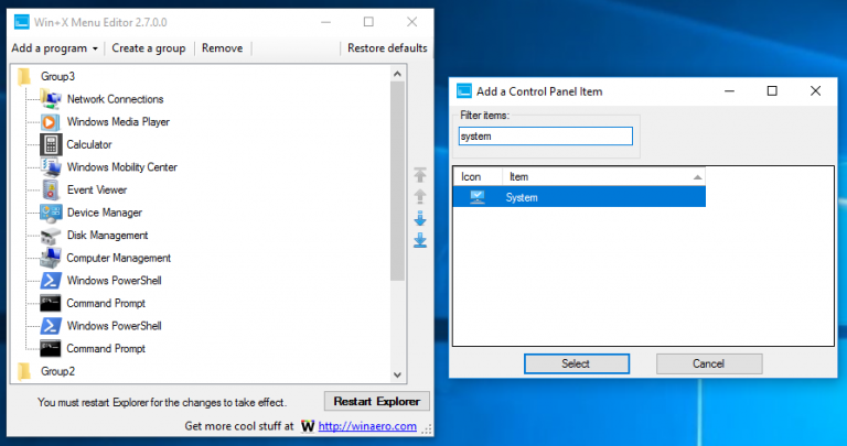 Restore Control Panel items in Win+X menu in Windows 10 Creators Update