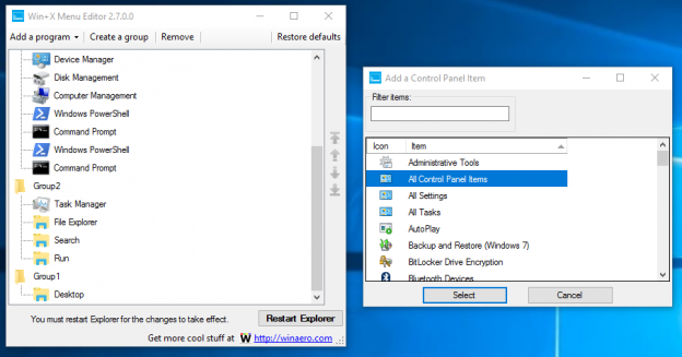 Restore Control Panel items in Win+X menu in Windows 10 Creators Update