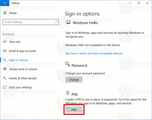 Add a PIN to a User Account in Windows 10