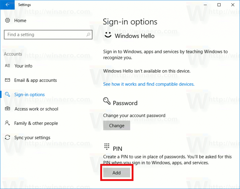 Add a PIN to a User Account in Windows 10