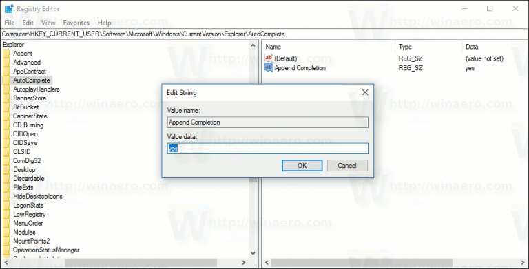 Enable Auto Completion in File Explorer in Windows 10