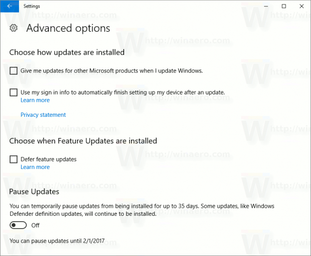 Pause Windows Updates in Windows 10 Creators Update