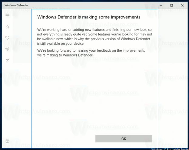 Windows Defender UWP app in Windows 10 build 14986