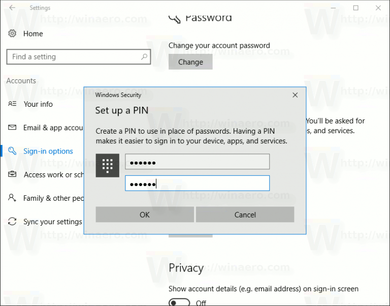 Add a PIN to a User Account in Windows 10