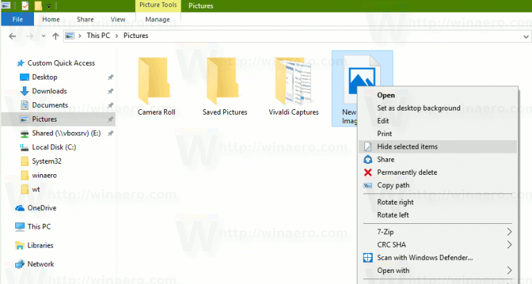 Add Hide Selected Items to Context Menu in Windows 10