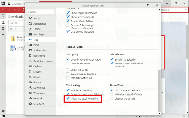 Vivaldi 1.6.682.3 features Named Tab Stacks