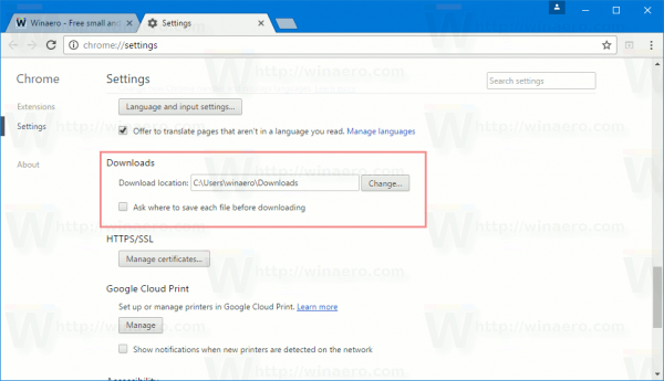 Change Download Folder in Google Chrome