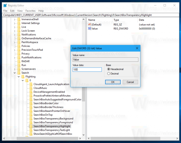 Change Cortana Search Box Highlight Transparency in Windows 10