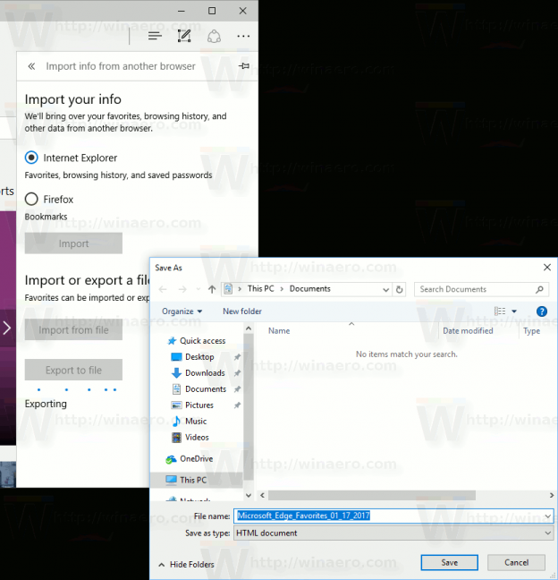 Export Favorites to a File in Edge