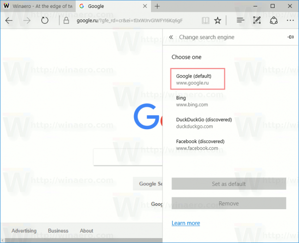 Set Google as Default Search in Microsoft Edge