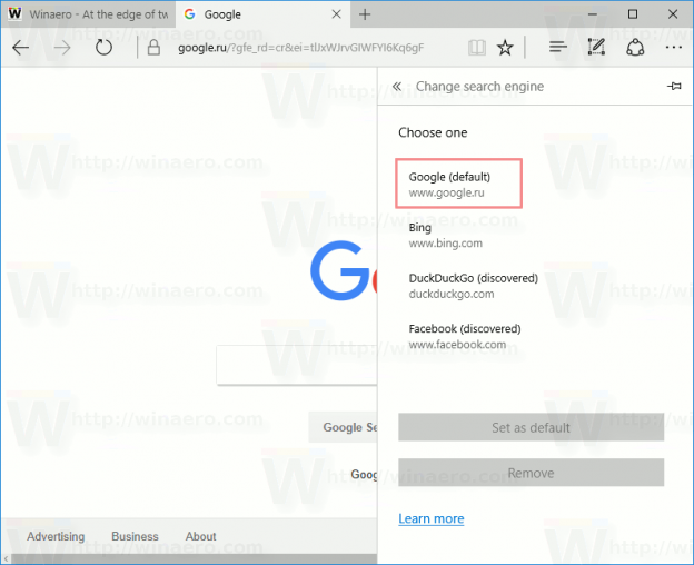 Set Google as Default Search in Microsoft Edge