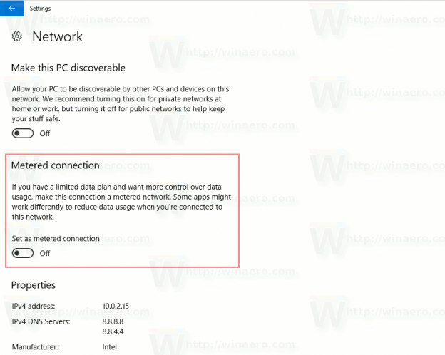 Set Ethernet connection as metered in Windows 10 Creators Update