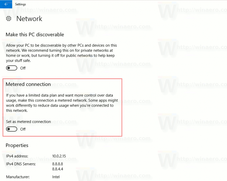 Set Ethernet connection as metered in Windows 10 Creators Update