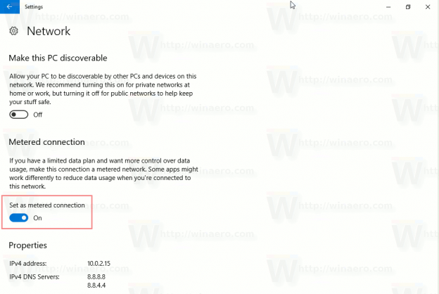 Set Ethernet connection as metered in Windows 10 Creators Update