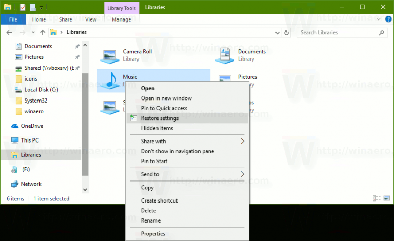 Add Restore Settings to Libraries Context Menu in Windows 10