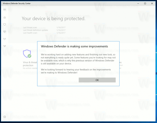 Windows Defender Security Center in Windows 10 Creators Update