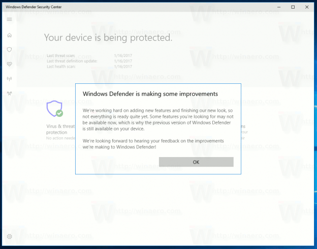 Windows Defender Security Center in Windows 10 Creators Update