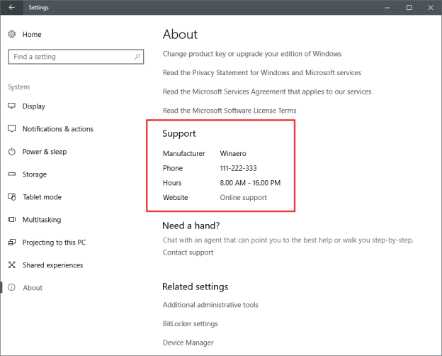 Change or Add OEM Support Information in Windows 10