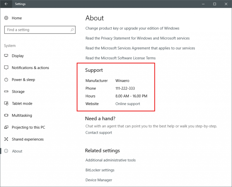 Change or Add OEM Support Information in Windows 10