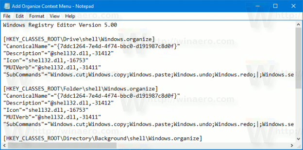 Add Organize Context Menu in Windows 10