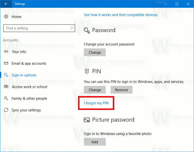 Reset PIN For a User Account in Windows 10