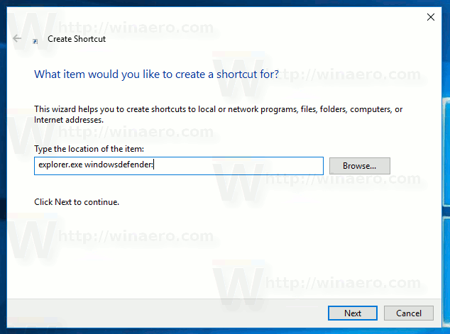 Create Windows Defender Security Center Shortcut in Windows 10