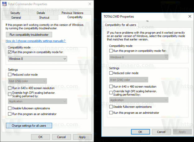 Change Compatibility Mode Settings for Apps in Windows 10