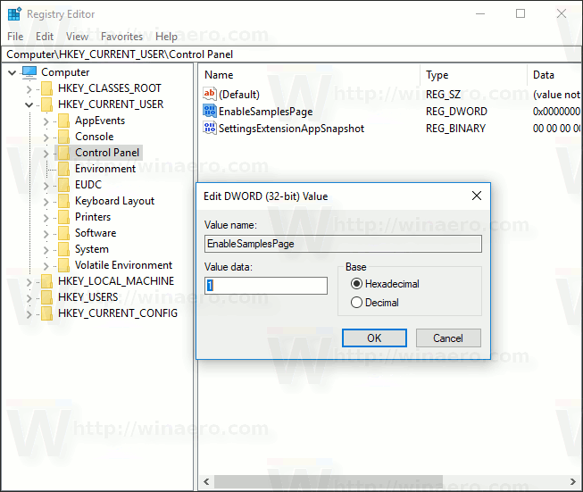 Enable Samples Page in Settings in Windows 10
