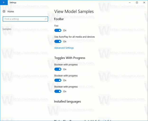 Enable Samples Page in Settings in Windows 10