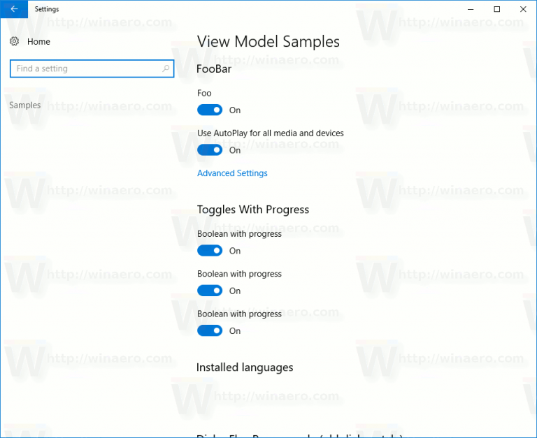 Enable Samples Page in Settings in Windows 10