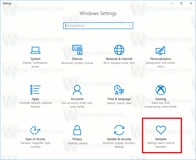 Enable Samples Page in Settings in Windows 10