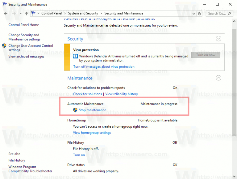 Manually Start or Stop Maintenance in Windows 10