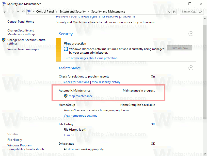 Manually Start or Stop Maintenance in Windows 10