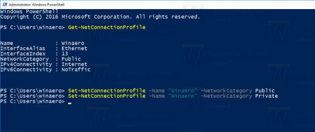 Change network location type with PowerShell in Windows 10