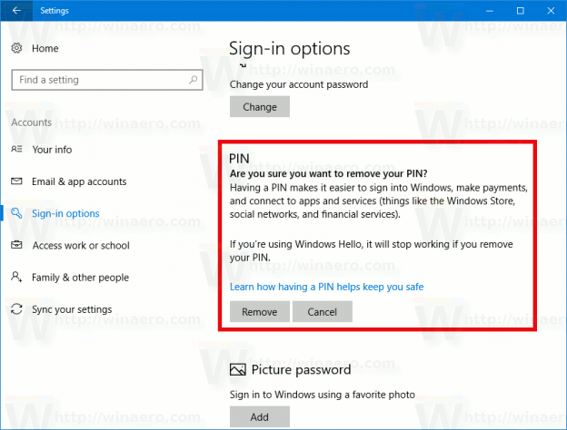 Remove PIN For a User Account in Windows 10