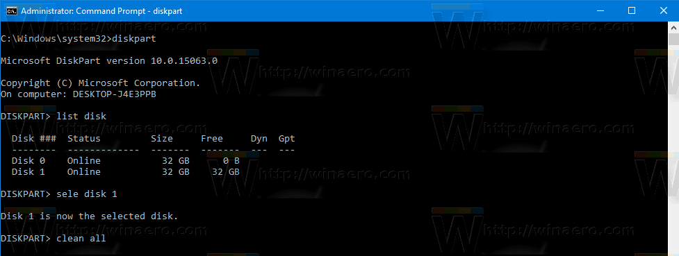 Securely Wipe a Disk with Diskpart in Windows 10