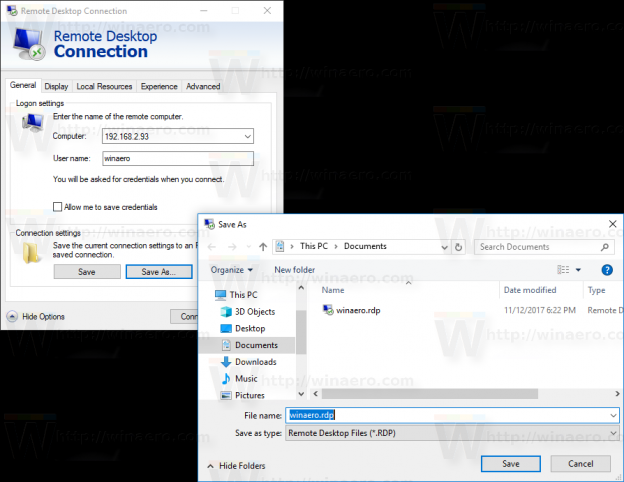 Save Remote Desktop Connection Settings to RDP File in Windows
