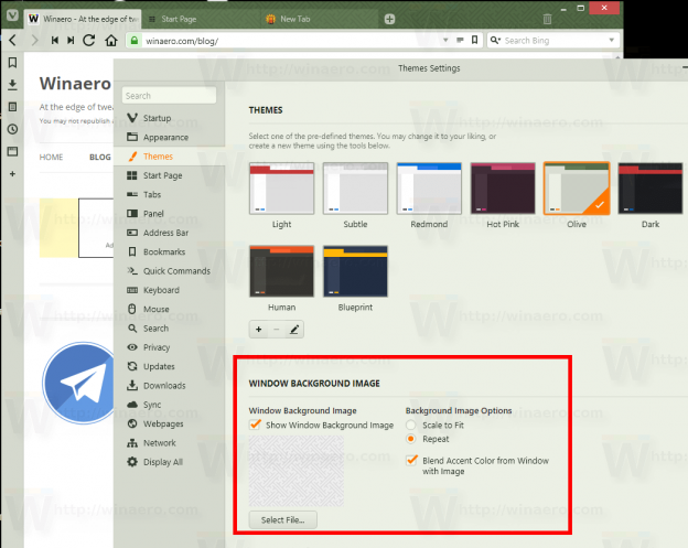 Vivaldi 1.15 allows setting a background image for its window
