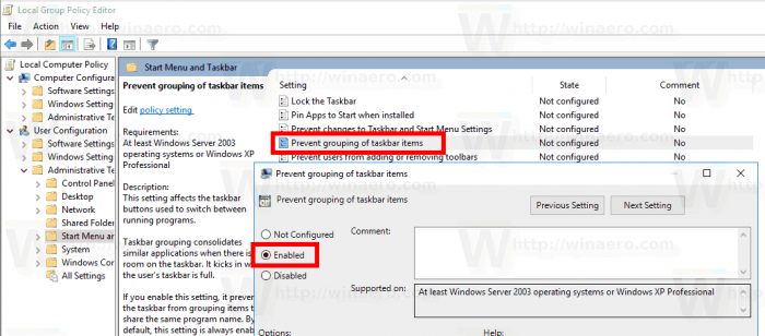 Disable Taskbar Button Combining in Windows 10