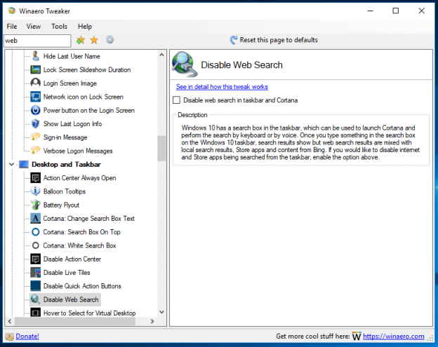 Disable Web Search in Windows 10 version 1803