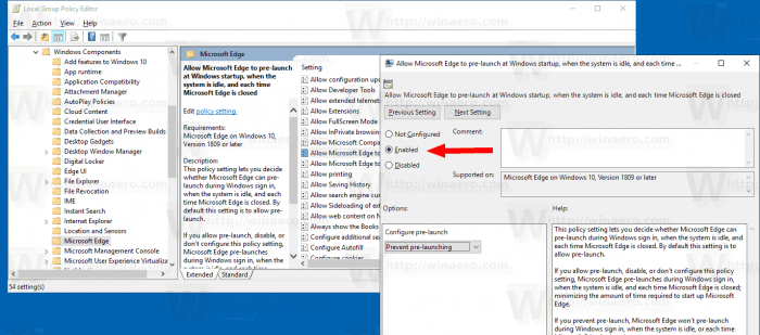 Disable Microsoft Edge Pre-launching in Windows 10