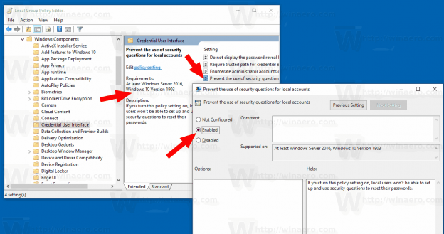 Disable Security Questions for Local Accounts in Windows 10