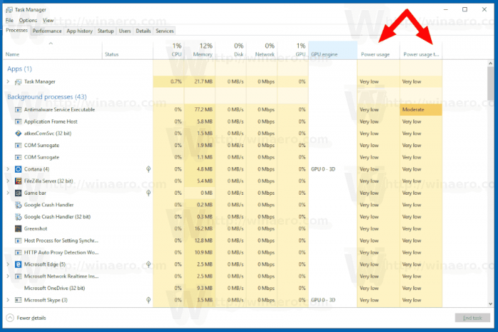 Power Usage in Task Manager in Windows 10 Version 1809