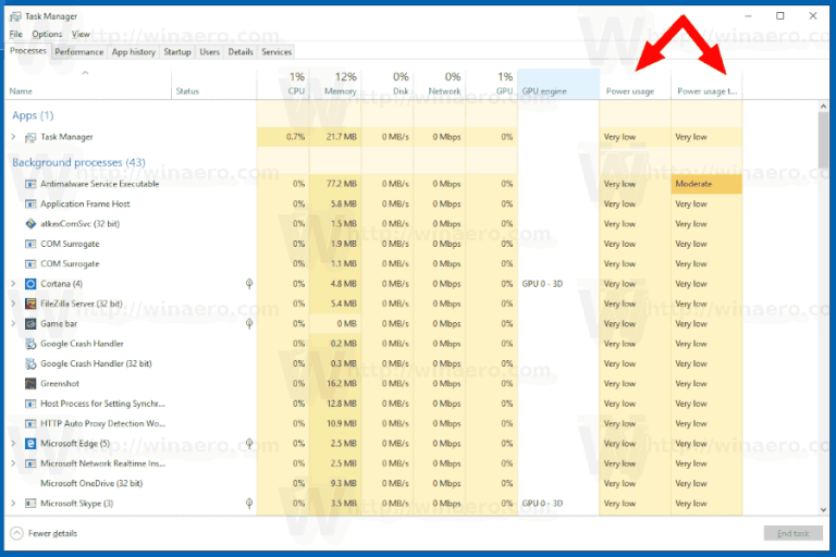 Power Usage in Task Manager in Windows 10 Version 1809
