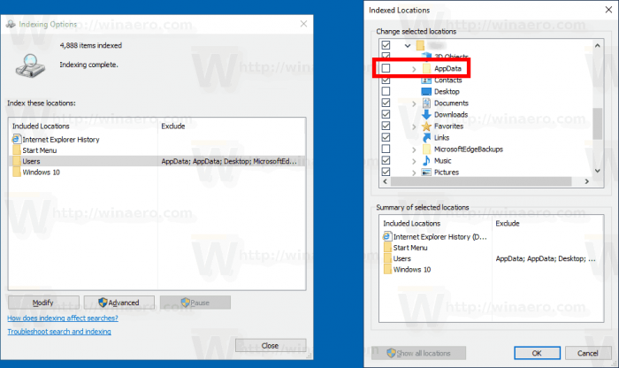 Add or Remove Excluded Folders For Search Indexer in Windows 10