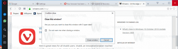 Opera 58: Warns If You Close Window With Multiple Tabs Open