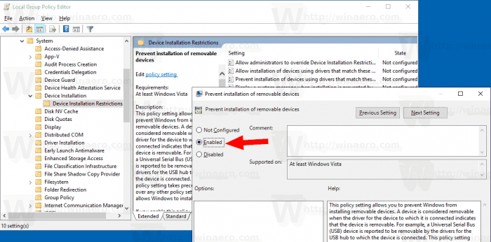 Disable Installation of Removable Devices in Windows 10