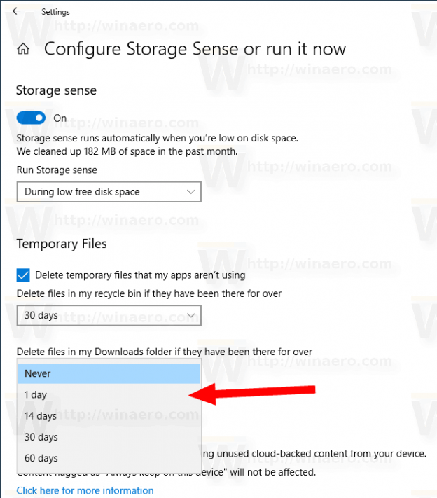 Set When Storage Sense Should Delete Files in Downloads Folder