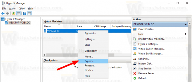 Export Hyper-V Virtual Machine in Windows 10